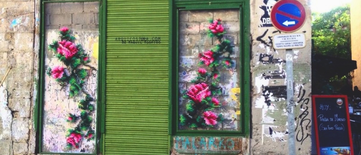 Floral Cross-Stitch Street Installations in Madrid by Raquel Rodrigo
