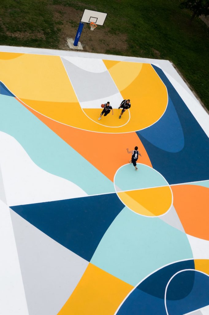 "Playground" - Ground Mural on Basketball Court by Artist GUE in Italy